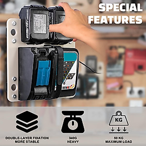 FETESNICE Wall mount for Makita batteries and chargers, strong pps stable 2-battery holder and charger holder, charger wall mount, suitable for workshop and garage