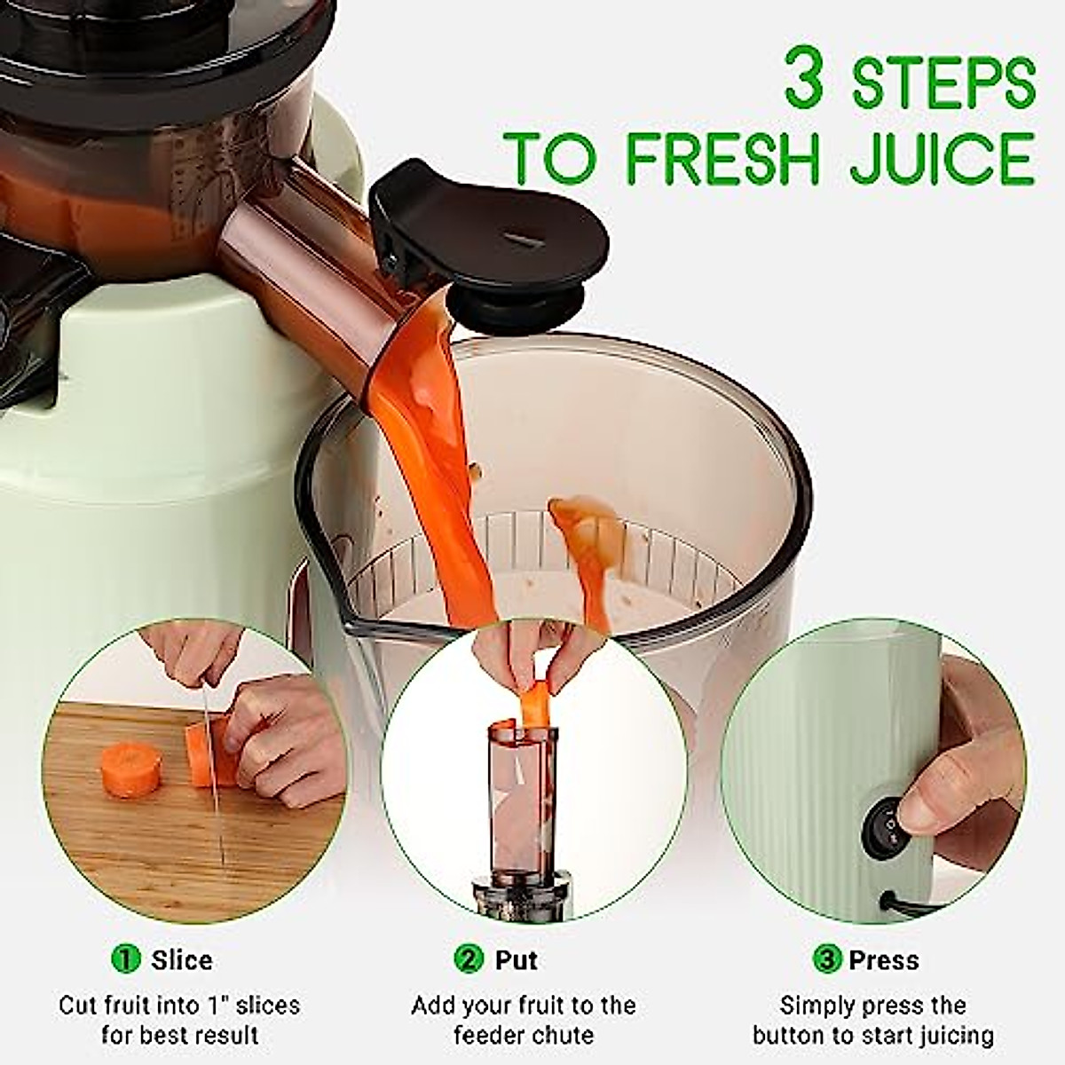 Juicer Machines-SOVIDER Compact Slow Masticating Juicer Extractor- 3.1" Wide Chute Cold Press Juicer for High Nutrient Fruits Vegetables Easy Clean with Brush| Pulp, Measuring Cup, Reverse Function (Dark Green) (Slow Masticating Juicers)