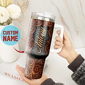 WAZONE Personalized Fishing 40oz Tumbler with Handle and Straw Lid Fish Custom Name Stainless Steel Tumblers Gifts Birthday Christmas Fathers Day for Fisherman Men Dad Boy Friend Husband Grandpa