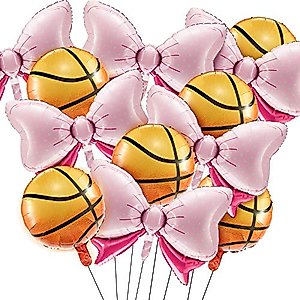 Sumind 6 Pieces Bow Balloon Bow Tie Pink Balloon Foil Pink Balloon and 6 Pieces Basketball Balloons Foil Mylar Baseball Balloon for Throws or Pink Bows Gender Reveal Party