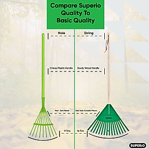 Superio Kids Rake with Hardwood Handle, Gardening and Lawn Care Tools for Kids, Sweep Leaves and Tidying Up The Garden, Plastic Tines and Heavy Duty Wooden Handle 34" (Kid Size, Green, 1-Pack)