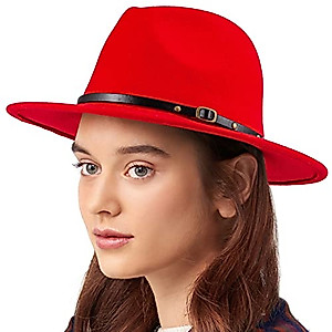 LADYBRO Fedora Hats for Women Wide Brim Hat, Incld 3 Decor Belts, Wool Felt, 58cm Adjustable Women's Fedora (Wool, Red, fit for 22" - 22 7/8")