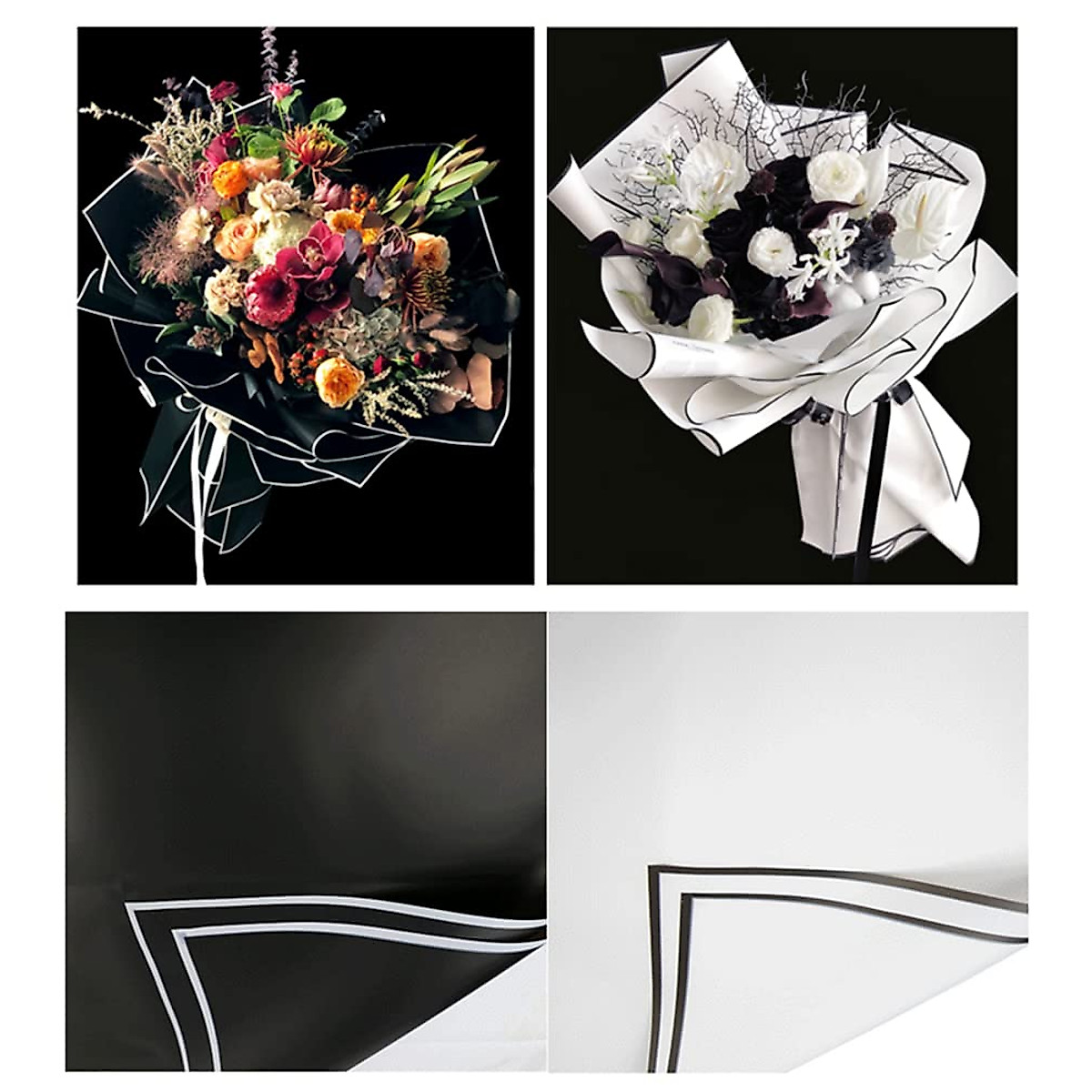 20 Sheets black and white aristocratic border Flower Wrapping Paper Waterproof Thicken Florist Bouquet Packaging Paper Gift or Gift Box Packaging Paper 23.6 x 23.6 inch(Dark Black + Porcelain White)