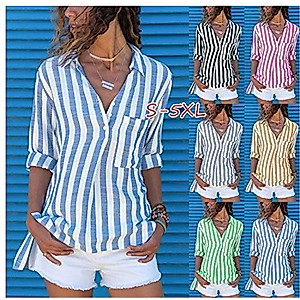 Andongnywell Women's Tops Button Cardigan Shirts Casual Long Sleeve Stripe Blouse for Summer Business V Neck Work (Black,1,Small)