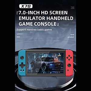 Topoo X70 Handheld Arcade Game Console 7 Inch with 5700 Games, 64G Retro Portable Game Console Red Blue