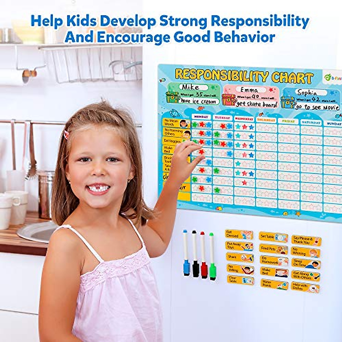 D-FantiX Magnetic Responsibility Chart, Chore Chart for Multiple Kids, My Star Reward Chart Daily Routine Good Behavior Charts Dry Erasable for Toddlers at Home