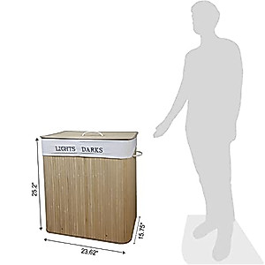 Double Laundry Hamper with Lid, Divided Laundry Basket with Cotton Handles, Bamboo Hamper with Liner for Laundry Room, Bedroom, 153L