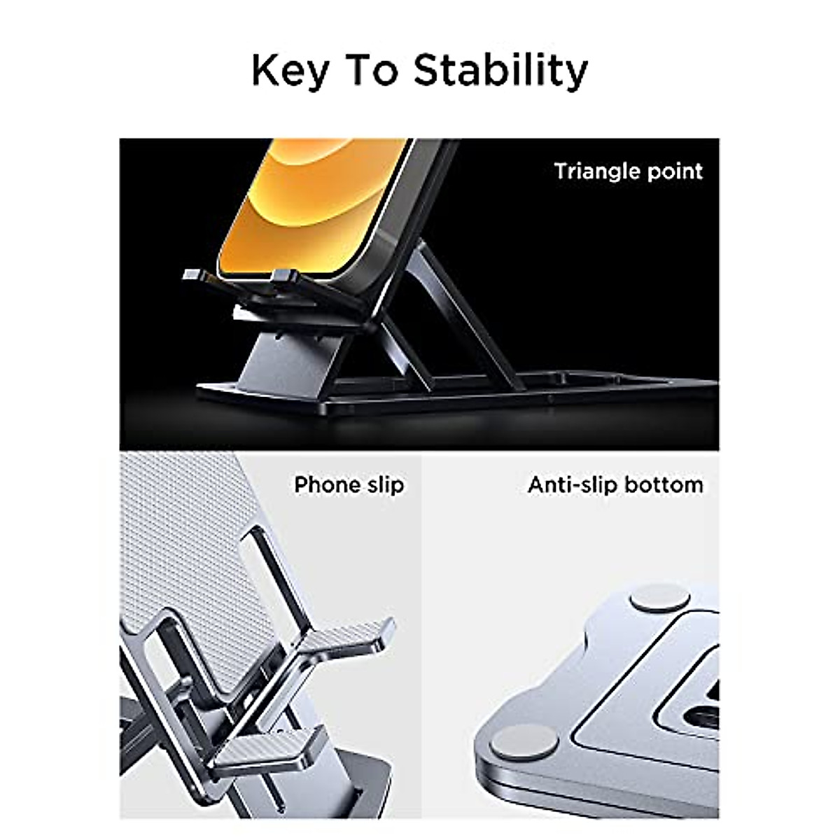 LISEN Travel Essentials Accessories Foldable Cell Phone Stand, [Sturdy Aluminum Metal] Adjustable Cell Phone Holder [Ultra Thin] Portable Stand for Desk Compatible with All Smartphones, Tablets