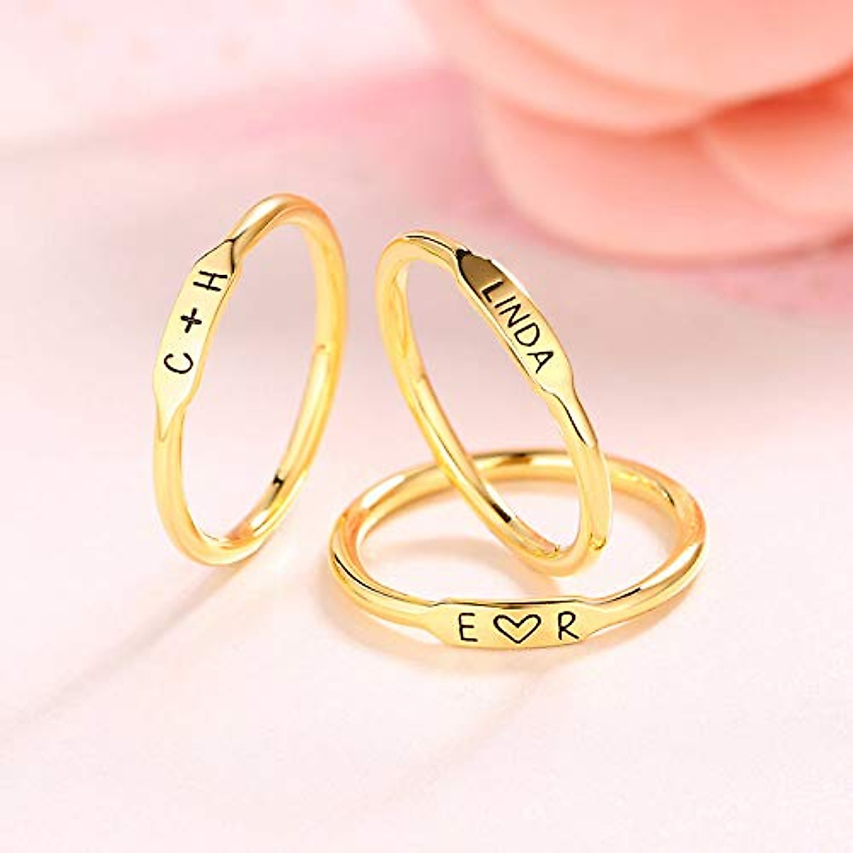 AILIN Stackable Name Ring Personalized 925 Sterling Silver/Brass Gold/Rose Gold Color Custom Heart Symbol Year Initial Letter Rings Gifts For Women Girlfriend