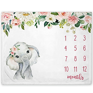 Popfavors Floral Elephant Baby Monthly Milestone Blanket, Jungle Elephant Girl's Soft Fleece Monthly Milestone Blanket , Girl Elephant Nursery Infant Newborn, Includes Marker (White, 50x40 inch )