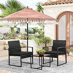 Devoko 3 Piece Patio Outdoor Furniture Set Wicker Table and Chairs Set for Balcony Porch Bistro, Black