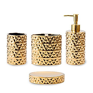RXLVCKY Golden Trash can and Bathroom Accessories Set,5-Piece Ceramic Gift Set, Include Luxury Bath Sets Lotion Dispenser,Toothbrush Holder, Bathroom Tumblers, Soap Dish, Trash Can