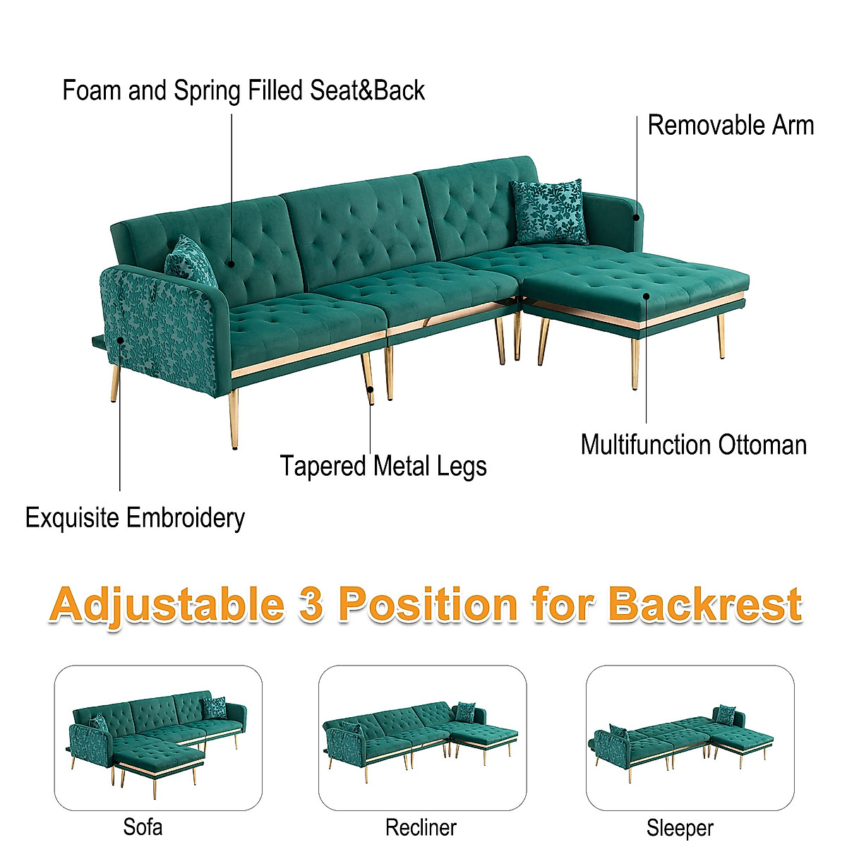 Pvillez Sectional Sofa Futon Sofa Bed Convertible Sleeper Sofa Couch w/Chaise Lounge,Ottoman L-Shape Convertible Couches for Living Room Button Tufted Back Velvet Couch w/Golden Legs