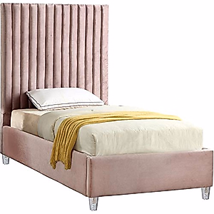 Meridian Furniture Candace Collection Modern | Contemporary Velvet Upholstered Bed with Deep Channel Tufting and Custom Acrylic Legs, Pink, Twin