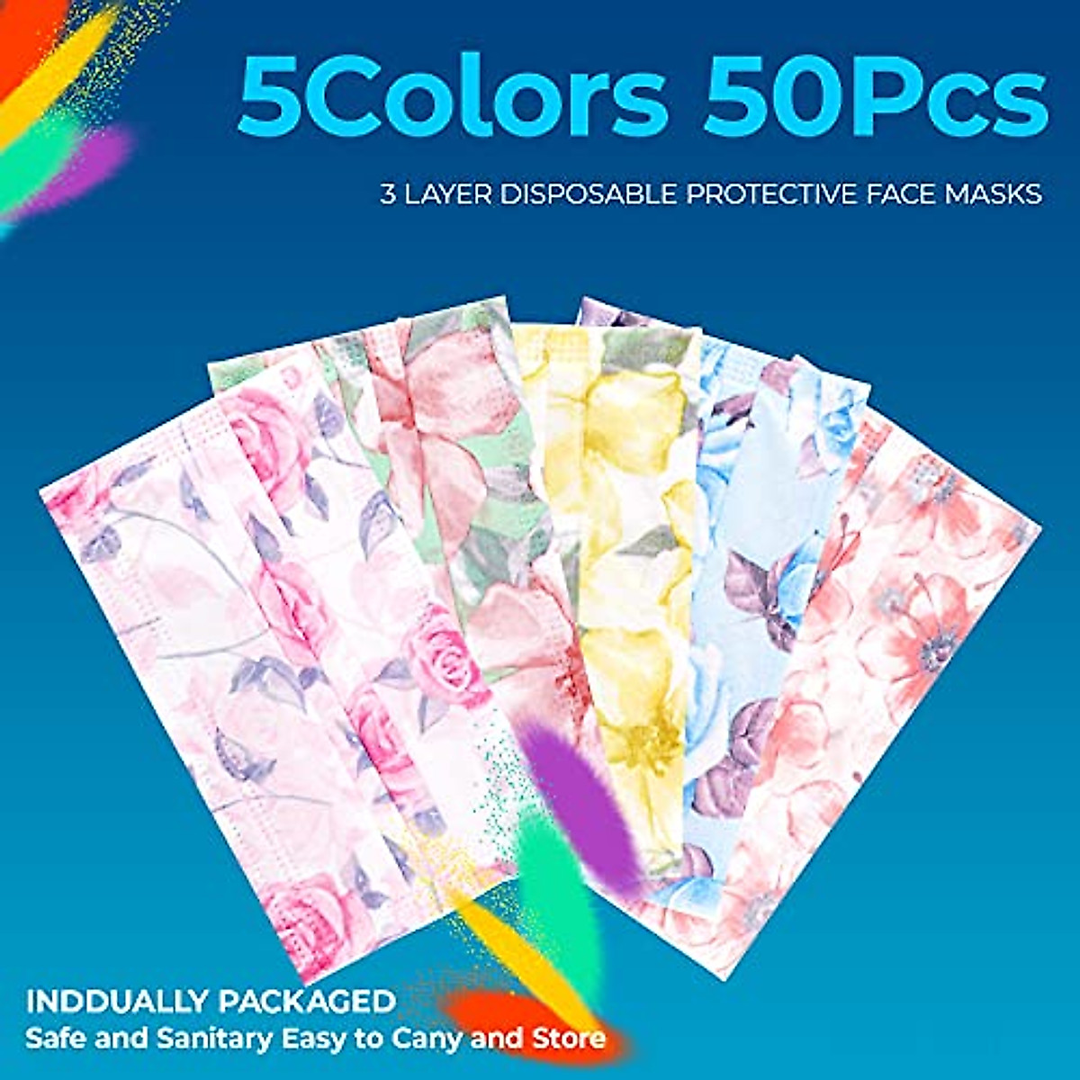 NiHealth 50-Pack Individually Wrapped Disposable Face Masks Tomorotec 3-Ply Colorful Breathable Non-Woven Masks (5 Flower Designs)
