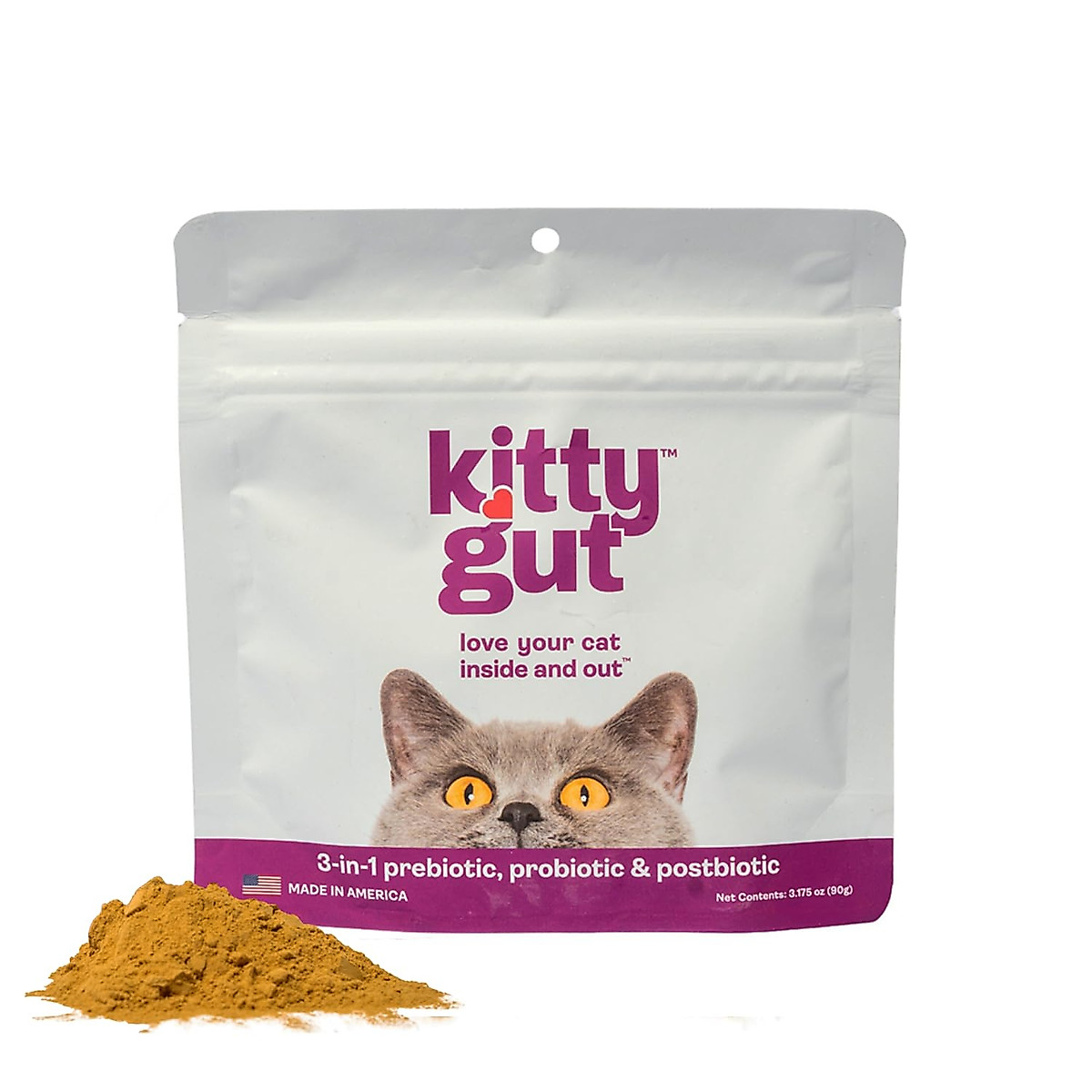 KittyGut 3-in-1 Organic Cat Probiotics & Postbiotic Supplement Powder- Made in USA-Probiotics for Cats Promote Gut Health and Cat Digestive Support, Diarrhea and Vomiting (90g)