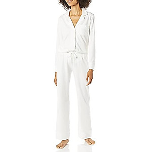 Amazon Essentials Women's Cotton Modal Long-Sleeve Shirt and Full-Length Bottom Pajama Set, White, X-Large