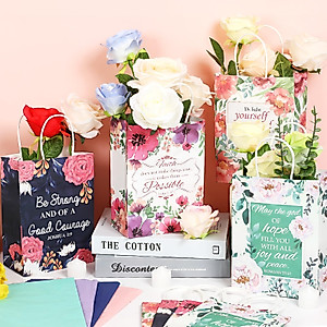 24 Pcs Religious Gift Bags Bible Gift Paper Bags with 24 Tissues Bible Verse Paper Bags with Handles Inspirational Flower Christian Gift Bags for Girls Birthday Wedding Party Baptism Spring Favors