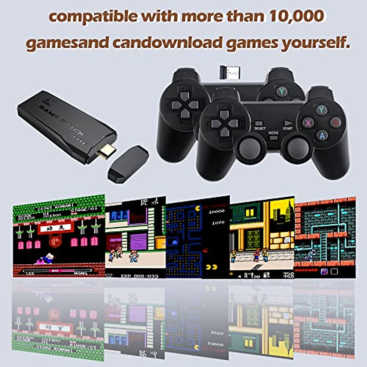Wireless Retro Game Console,Plug and Play Video Game Stick Built in 10000+ Games,9 Classic Emulators, with Dual 2.4G Wireless Controllers,Birthday Gifts Choice for Children/Adults(64G)