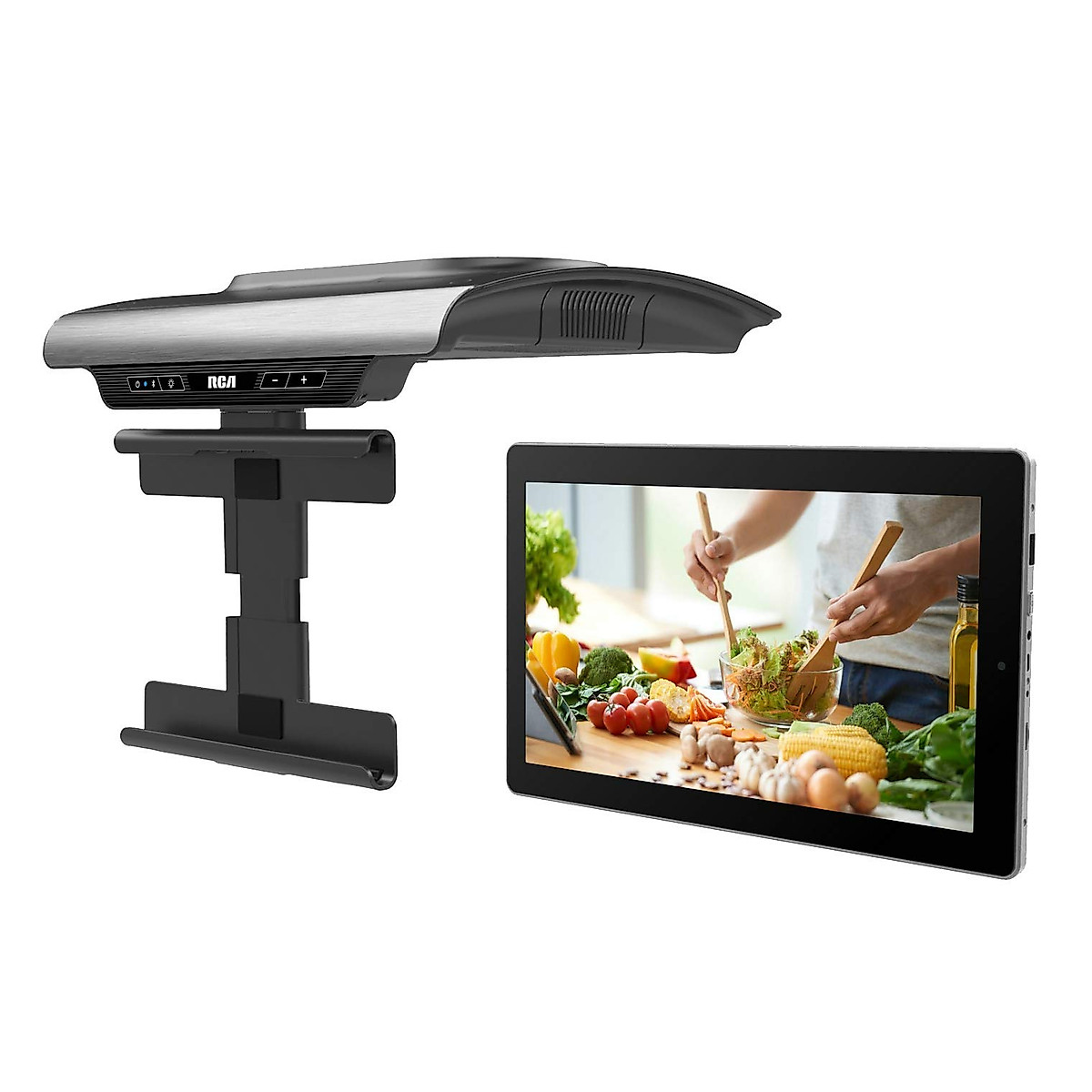 RCA Under Cabinet Speaker Dock with 11.6" Space Saver Android Tablet 2GB RAM 32GB