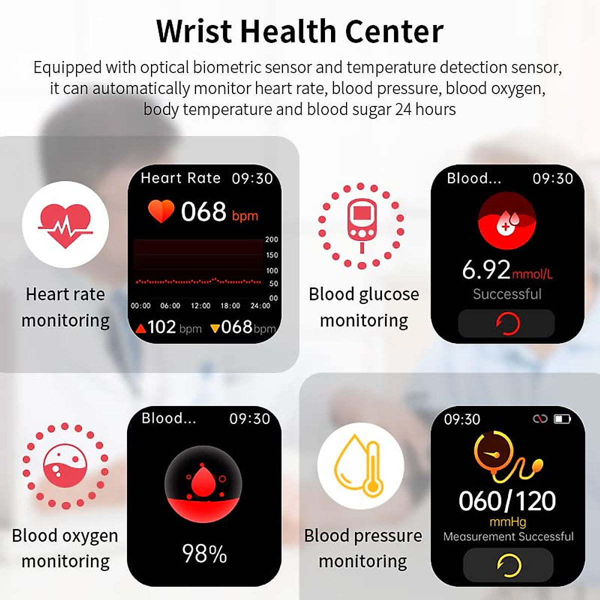 FILIEKEU F57L 𝑩𝒍𝒐𝒐𝒅 𝑮𝒍𝒖𝒄𝒐𝒔𝒆 𝑴𝒐𝒏𝒊𝒕𝒐𝒓𝒊𝒏𝒈 Smartwatches Men Heart Rate Blood Pressure Temperature Sports Waterproof Smart Watch Women Fashion Black Couple Compatible with Android iOS