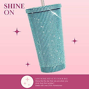 Paris Hilton Diamond Bling Water Tumbler With Lid And Straw, Vacuum Insulated Stainless Steel, Bedazzled With Over 3700 Rhinestones, 16.9-Ounce, Blue