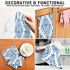 Kigai Blue White Damask Pattern Kitchen Towels, 18 x 28 Inch Super Soft and Absorbent Dish Cloths for Washing Dishes, 4 Pack Reusable Multi-Purpose Microfiber Hand Towels for Kitchen