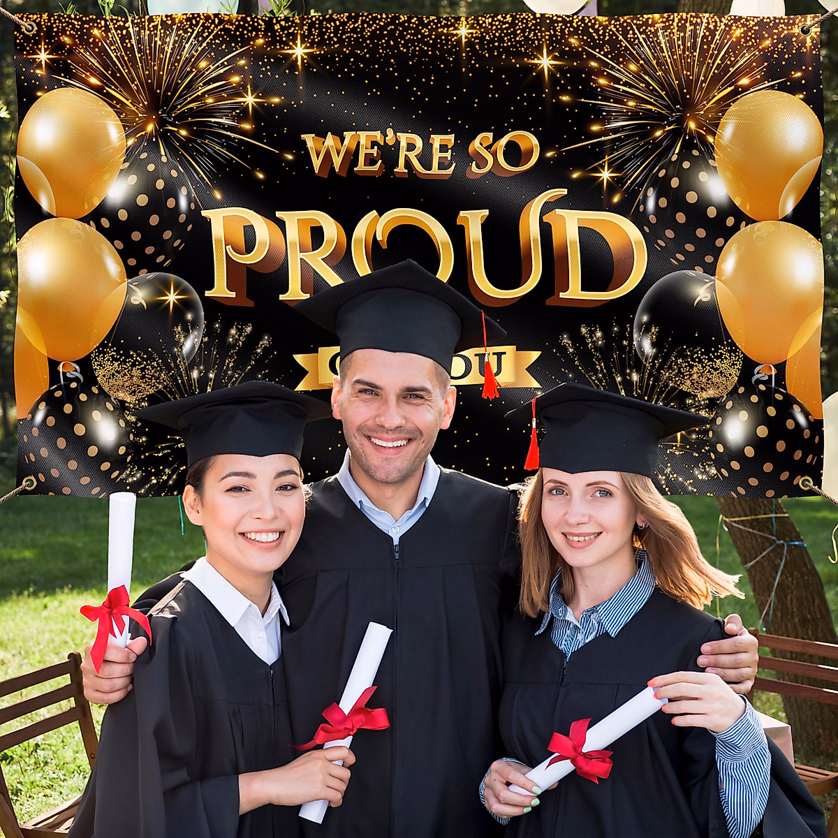 We are so Proud of You Banner - Congratulations Banner - Congratulations Decorations - Congrats Banner - Graduation Banner - Graduation Decorations for Prom - 5ft x 3ft (Black & Gold)
