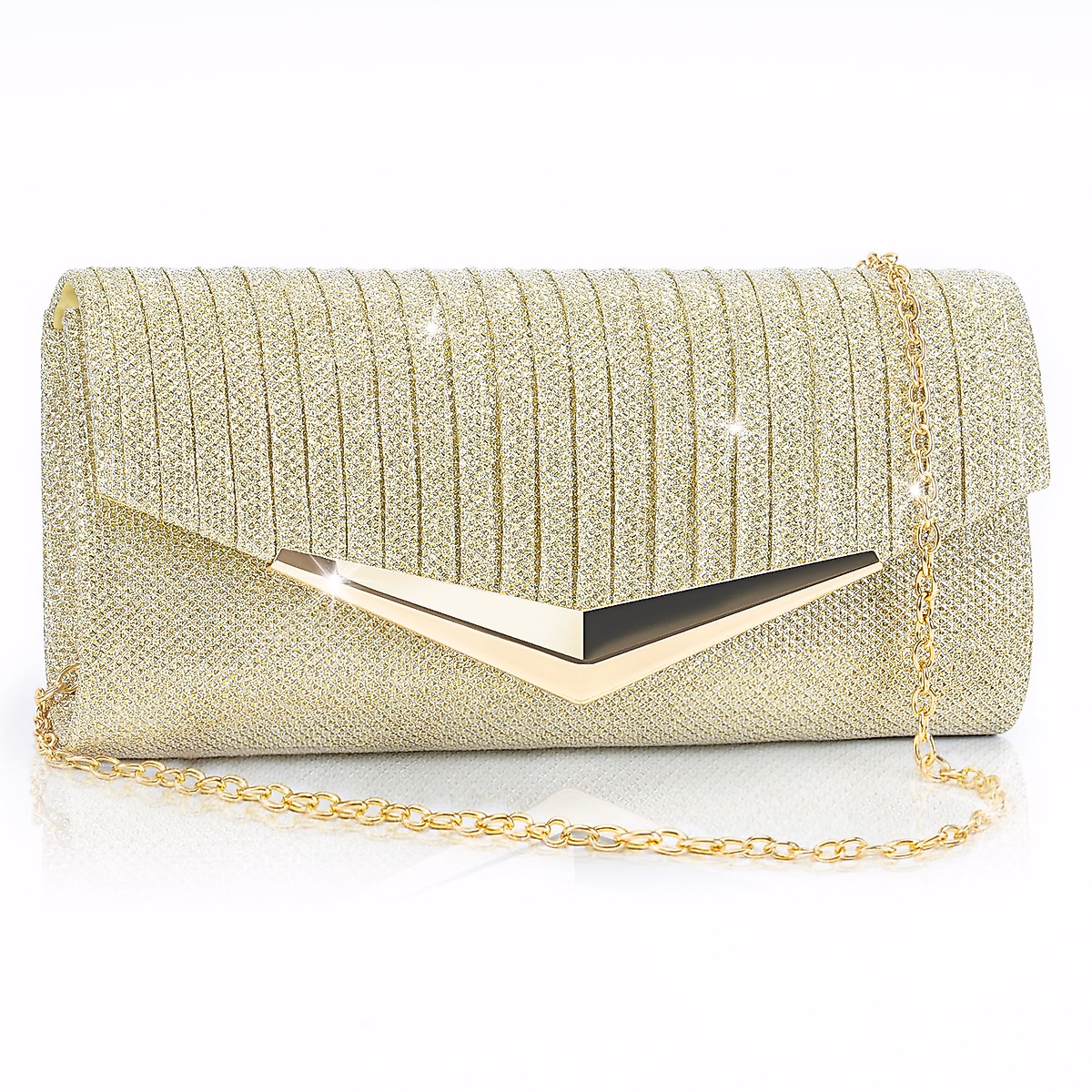 Larcenciel Clutch Purses for Women, Pleated Sequin Envelope Evening Bags w/Chain, Shiny Formal Ladies Shoulder Crossbody Handbags Perfect for Party Prom Weddings Holidays Special Occasions (Gold)