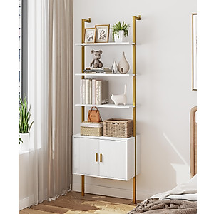 Yusong 73" Tall Bookshelf with Cabinet, Industrial Ladder Wall Mount Shelf Bookcase with Wood and Metal Frame, Plant Shelf Wall Storage Display for Living Room Bedroom, White Gold