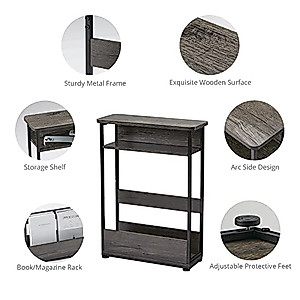 Vintage Narrow Side Table with Storage Shelf, 3 Tier Slim End Table Modern Sofa Table for Narrow and Small Spaces, Bedside Table Small Nightstand with Magazine Rack/Grey, 7.1D x 18.1W x 24.6H inch