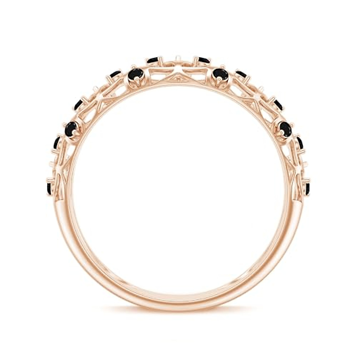 Certified Natural Black Onyx Half Eternity Band Ring for Women, Aaa Quality, Onyx Filigree Band - With Jewelry Box, 14K Rose Gold, Size:US 6.50