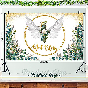 Remagr God Bless Backdrop First Communion Baptism Christening Party Decorations Banner Green Leaves Newborn Baby Shower Photography Background Favors Supplies Photo Booth, 71 x 43 in, One Size