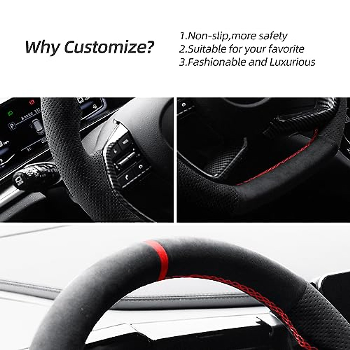 Alfanxi Hand Stitch Alcantara Steering Wheel Cover Compatible with Hyundai Elantra New i20 Elantra Bayon 2022 2023(Red Stripe)