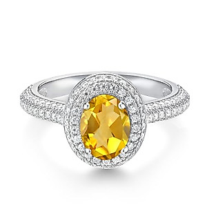 Gem Stone King 925 Sterling Silver 8X6MM Oval Gemstone Birthstone and White Moissanite Halo Engagement Ring | Wedding Anniversary Promise Ring For Women | Size 5,6,7,8,9