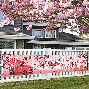 Large Happy Valentines Day Banner Outdoor Decorations 120" x 20" Valentine's Yard Sign Pink Flowers Hearts Love Truck Cute Gnomes Trees Balloons Holiday Party Supplies Valentine Backdrop Home Decor with Brass Grommets for Garden House Fence Garage Indoor