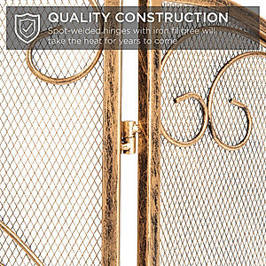 Best Choice Products 3-Panel 55x33in Solid Wrought Iron See-Through Metal Fireplace Screen, Spark Guard Safety Protector w/Decorative Scroll - Gold
