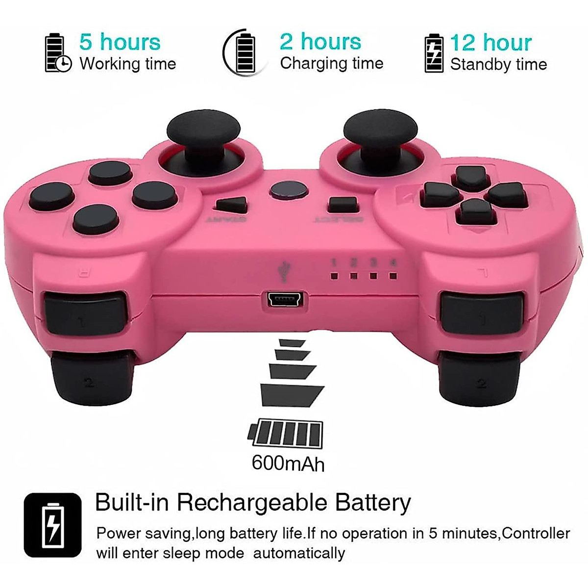 Rzzhgzq 2 Pack PS3 Wireless Controller Playstation 3 Controller Wireless Bluetooth Gamepad with USB Charger Cable for PS3 Console (Pink+White)