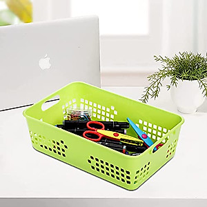 Jucoan 6 Pack Plastic Storage Basket, 12 x 7.5 x 4 Inch Large Colorful Classroom Organizer Bin, Shelf Drawer Organizer Tray with Handle for School, Classroom, Desktop, Drawer, Closet, Office, 3 Colors