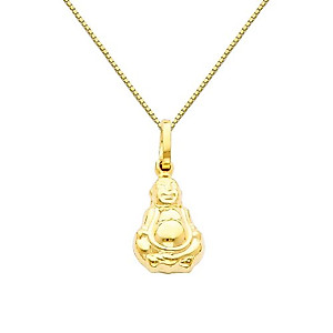 The World Jewelry Center 14k REAL Yellow Gold Buddha Pendant with 0.65mm Box Link Chain Necklace - 16"