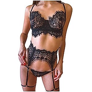 wodceeke Sexy Sling Lace Lingerie Three-piece For Women Perspective Embroidered Bodysuit Seductive Pajamas With Garter (Black, XXL)