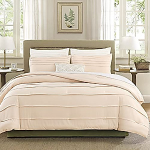 ALEISSEL Stripes Blush Beige Comforter Queen Size,Pleated Queen Comforter Set Lightweight, Ultra-Soft Beige Bedding Set Queen Size 3 Pcs, Down Alternative Comforter Set(Blush Beige,Full/Queen90 x90)