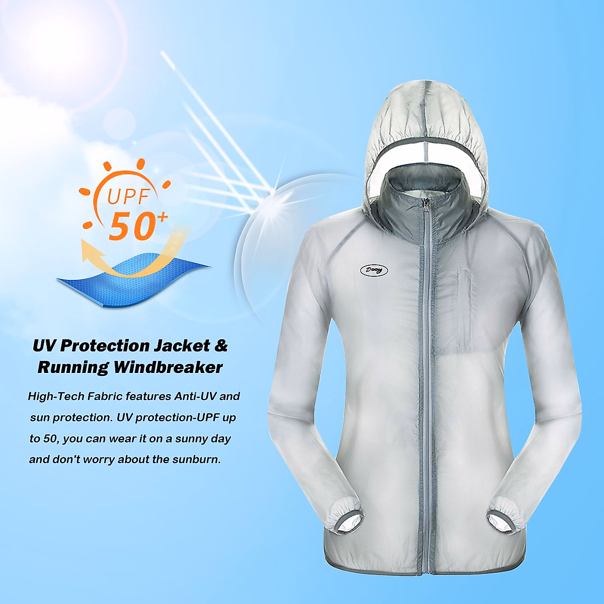 Dooy Sun Protection Jacket Ultra Thin Lightweight Breathable Packable Outdoor Cycling Jacket Hoodie Skin Clothing for Men & Women（Grey，2XL）