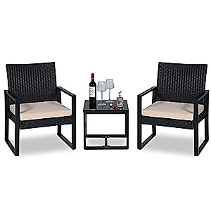 ABCCANOPY 3 Pieces Patio Furniture Sets,Rattan Chair Wicker Conversation Sets,Two Rattan Chairs with Glass Coffee Table,Garden Balcony Backyard Poolside (Black)