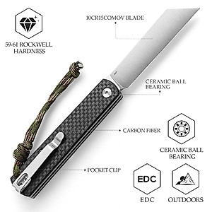TRIVISA Japanese Higonokami Razor Folding Pocket Knife for Men or Women，Camping EDC Tool Outdoor Button Lock Knives with Pocket Clip，3.2" 10Cr15CoMoV Blade and Carbon Fiber Handle Hydra-05
