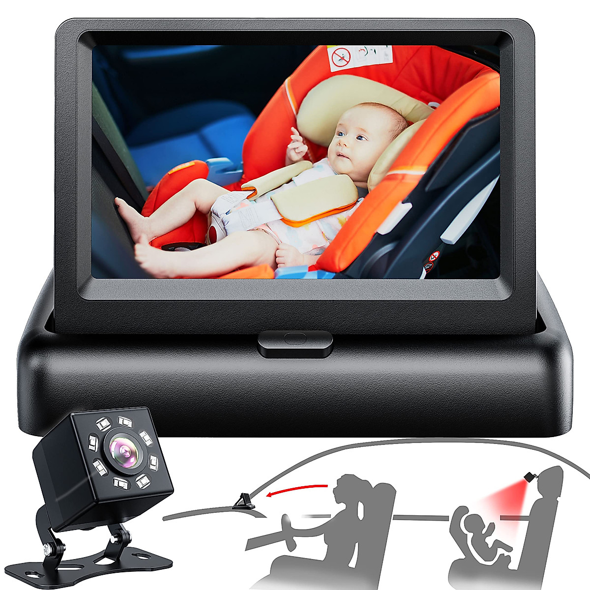 Baby Car Mirror, Car Baby Camera Monitor, Safety Car Seat Mirror Camera with 4.3'' HD, Wide Crystal Clear View, Night Vision, Not Need to Turn Around, Observe The Baby's Every Move at Any Time