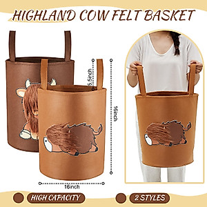 Preboun 2 Pcs Felt Highland Cow Basket with Handles, Scottish Cattle Storage Bin, Decorative Portable Nursery Hamper, Long Hair Farm Animal Laundry Room Organizer for Closet Shelf Nursery Bedroom