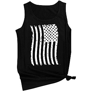 wodceeke Womens American Flag Print Tank Tops Sleeveless Loose T-shirt Independence Day Blouse Tops (Black, L)
