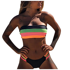 Padaleks Women's Striped Color Block Bandeau Bikini Set High Cut Strapless Swimsuit Sexy Bathing Suit Beachwear