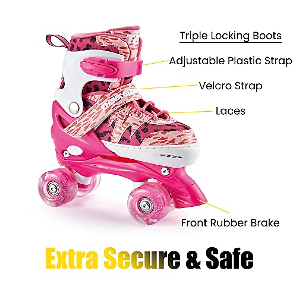 Think Gizmos Girls Roller Skates - Comfort Fit Adjustable Boot Size (1-4), Light Up Wheels, Super Smooth Rolling, Adjustable Straps, Suitable for Indoor and Outdoor Skating - Pink